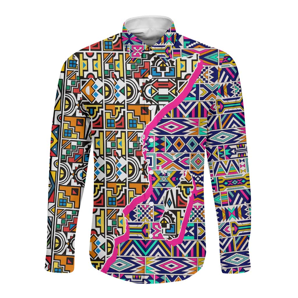 African Ndebele Pattern Long Sleeve Button Shirt by AfricanPride