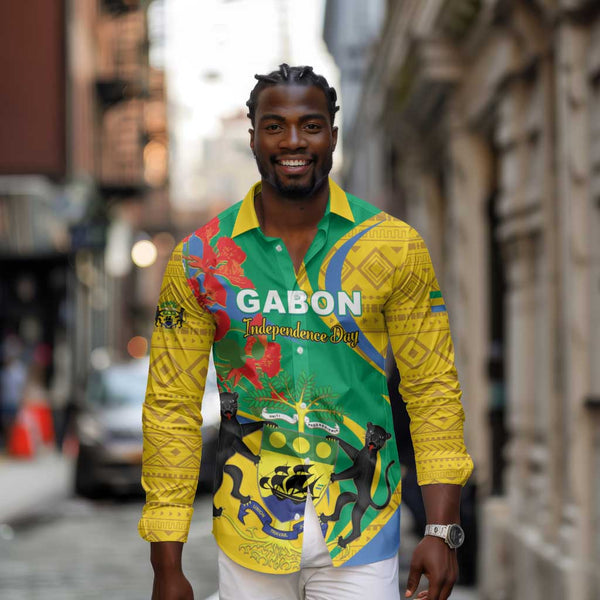 Gabon Independence Day Long Sleeve Button Shirt Gabonaise Flamboyant ...