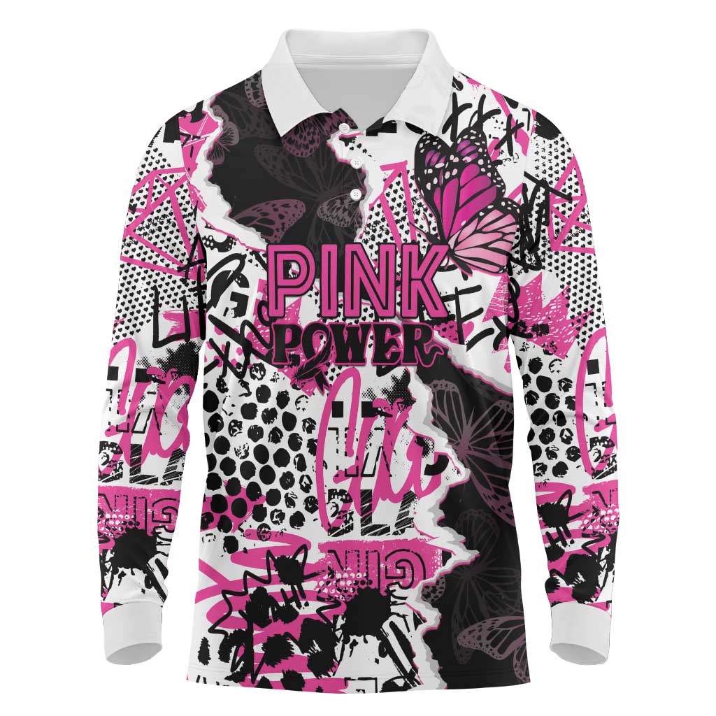 Personalized Pink Power Graffiti Long Sleeve Polo Shirt Breast Cancer ...