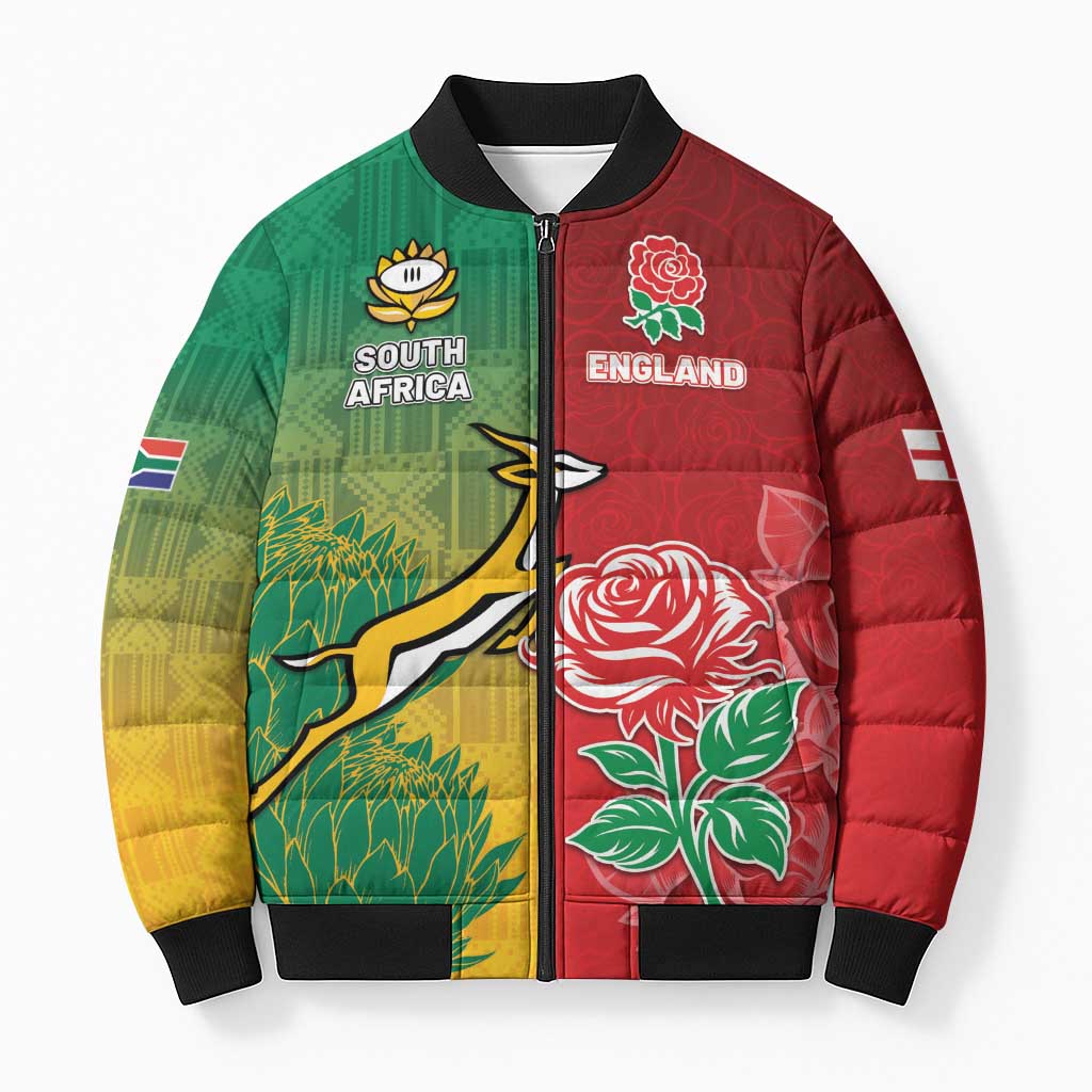 South Africa And England Rugby Custom Bomber Puffer Jacket Springboks ...
