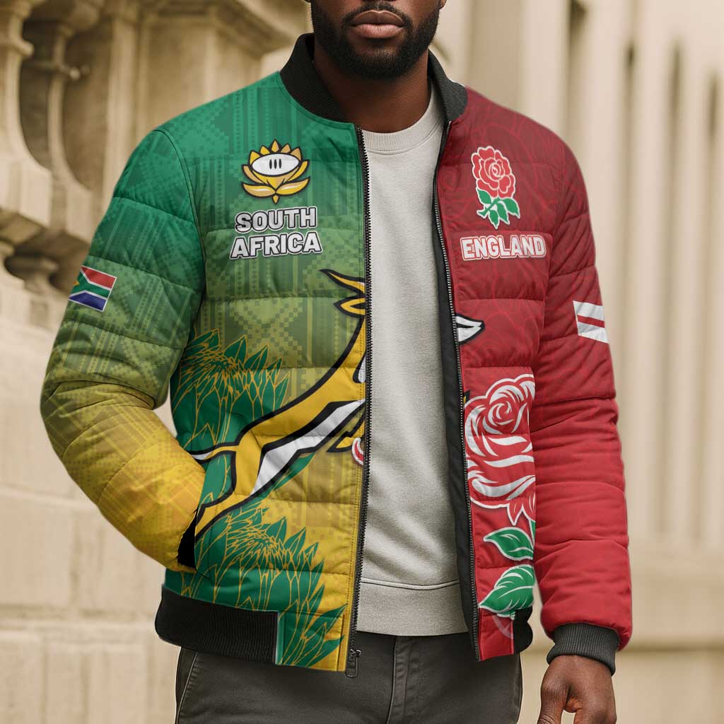 South Africa And England Rugby Custom Bomber Puffer Jacket Springboks ...