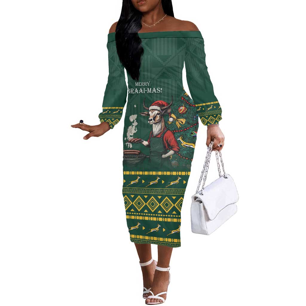 Personalised South Africa Off The Shoulder Long Sleeve Dress Springbok ...