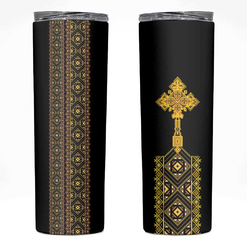 Habesha Motifs Ethiopia Skinny Tumbler Tilet Black Gold by AfricanPride