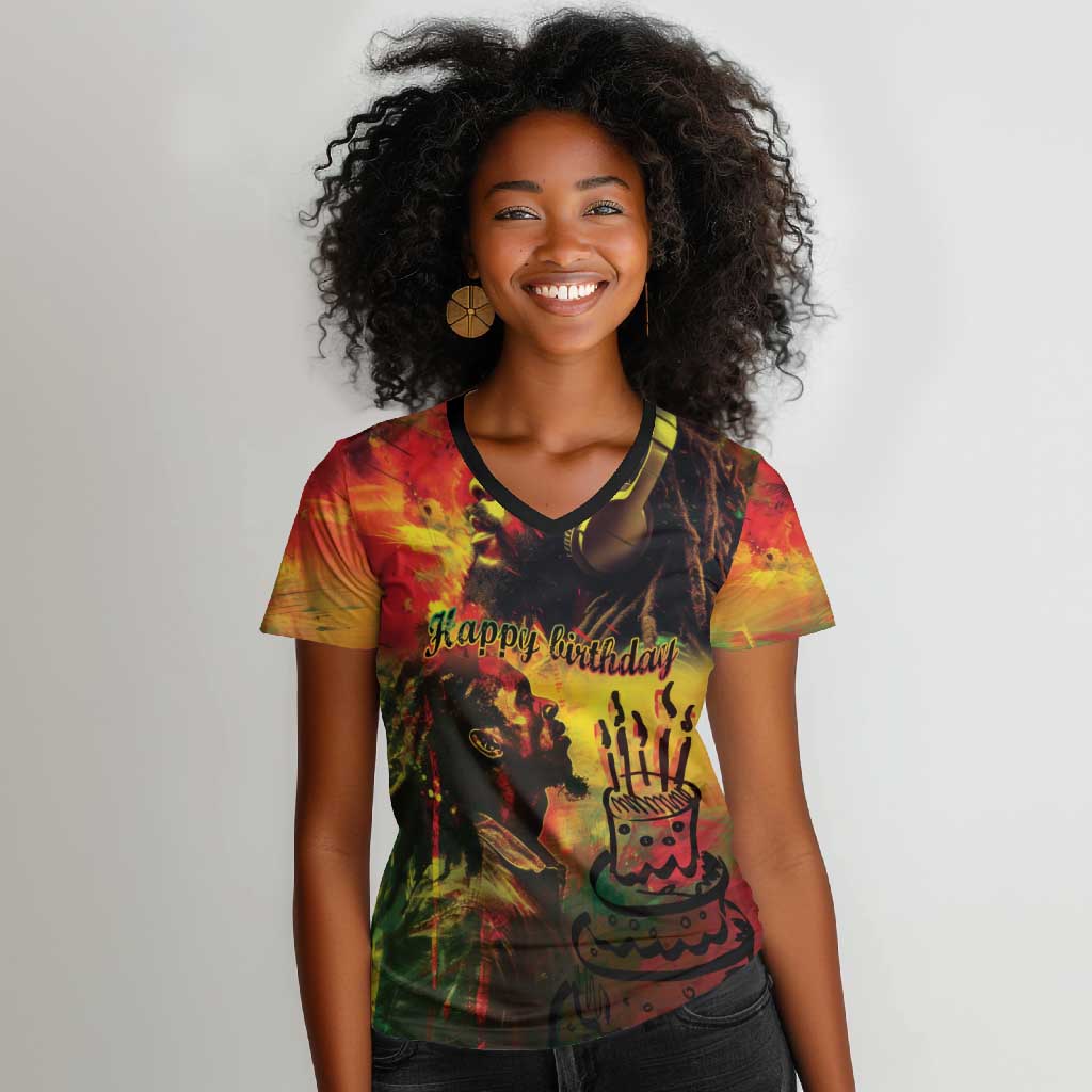 Happy Birthday King of Reggae Women V-Neck T-Shirt by AfricanPride