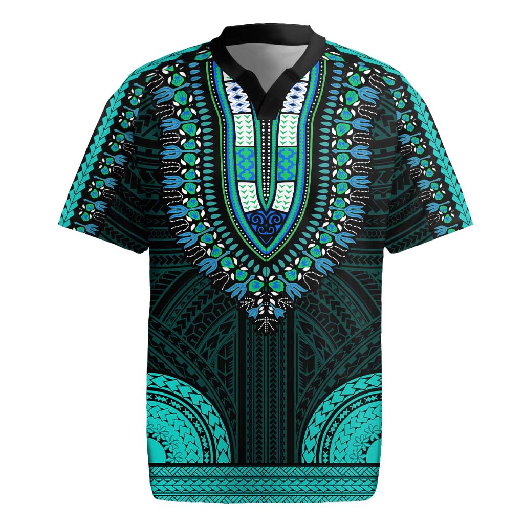 African Dashiki and Polynesian Pattern Rugby Jersey Teal by AfricanPride