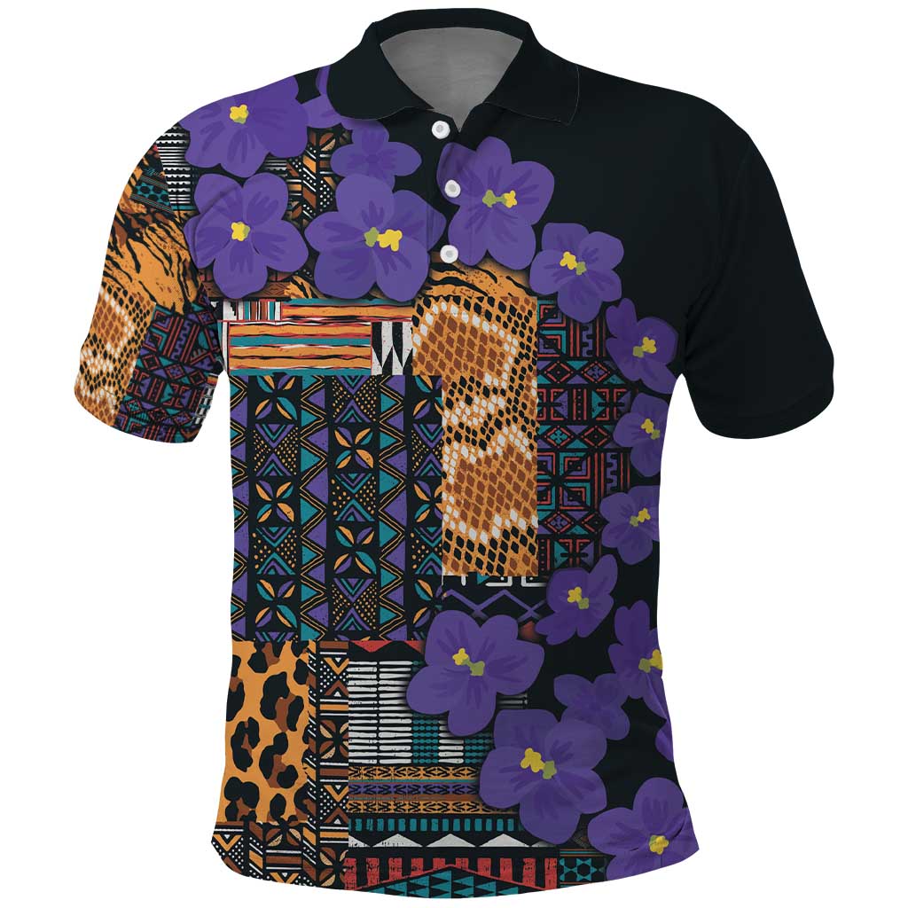 Afro Violets Flowers Polo Shirt Mix Native Tribal Pattern by AfricanPride