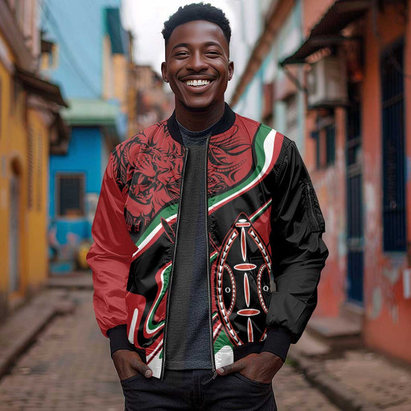 Happy Jamhuri Day Kenya Sleeve Zip Bomber Jacket Kenyan Lion and Maasai ...