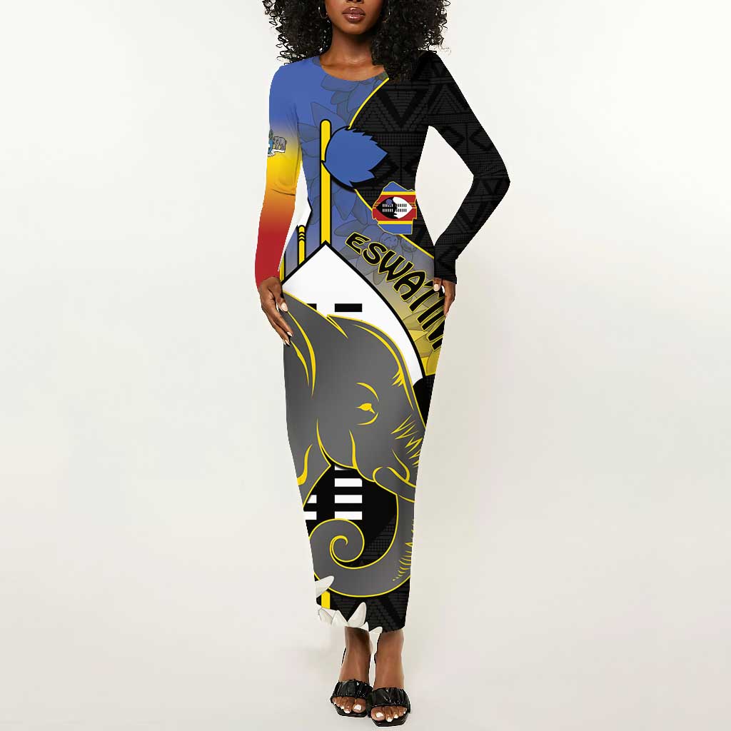 Afro Swaziland Somhlolo Day Long Sleeve Bodycon Dress Nguni Shield ...