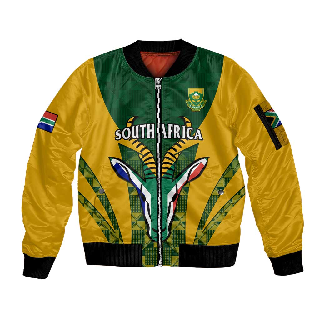 Custom South Africa Rugby Sleeve Zip Bomber Jacket Go Springboks Kente ...