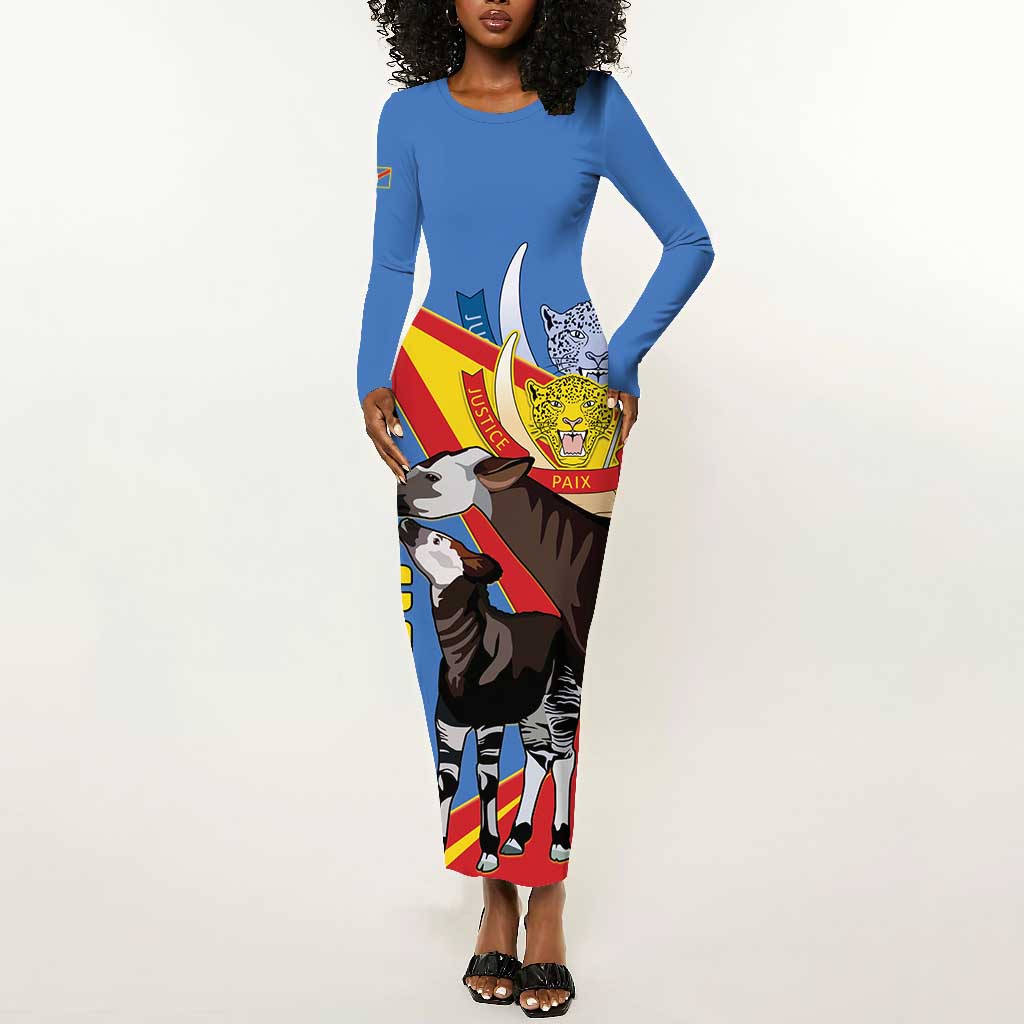 DR Congo Long Sleeve Bodycon Dress Okapi Coat Of Arms by AfricanPride