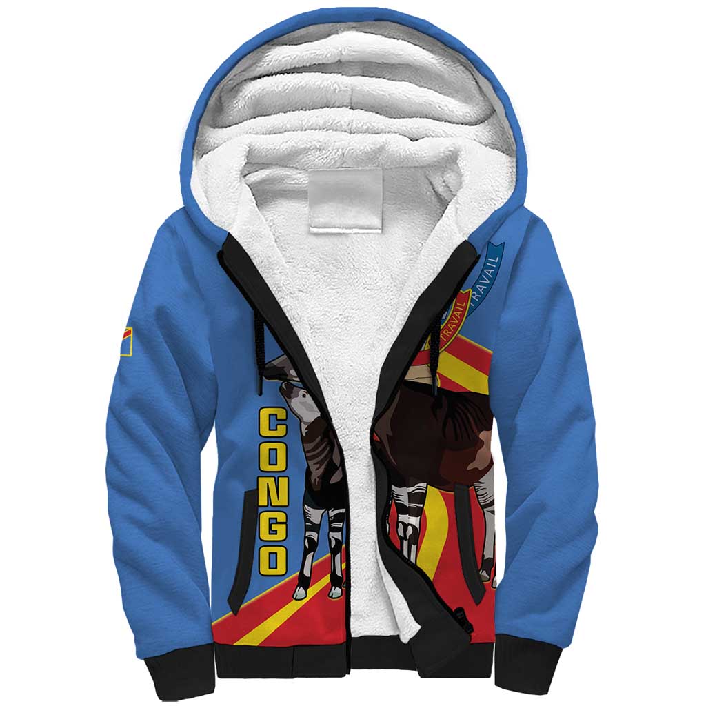 DR Congo Sherpa Hoodie Okapi Coat Of Arms by AfricanPride
