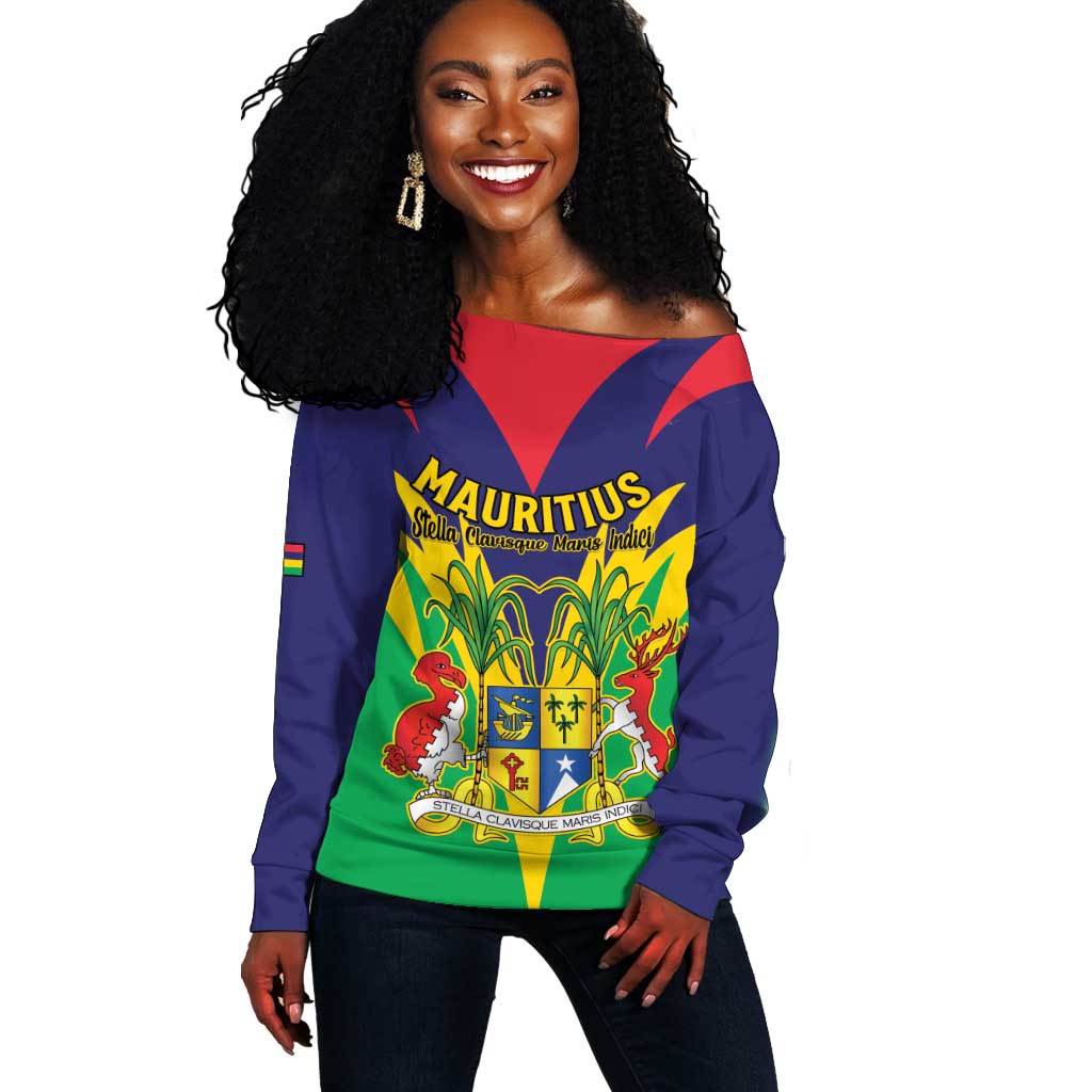 Personalised Republique de Maurice Off Shoulder Sweater Coat Of Arms ...