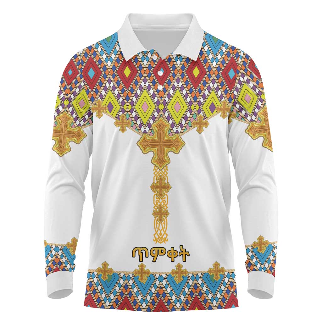 Happy Ethiopian Timkat Long Sleeve Polo Shirt Cross Mix Tilet Pattern ...