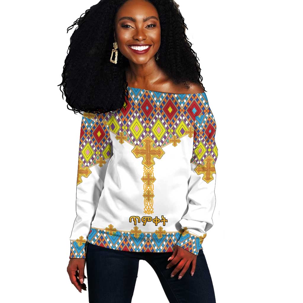 Happy Ethiopian Timkat Off Shoulder Sweater Cross Mix Tilet Pattern by ...