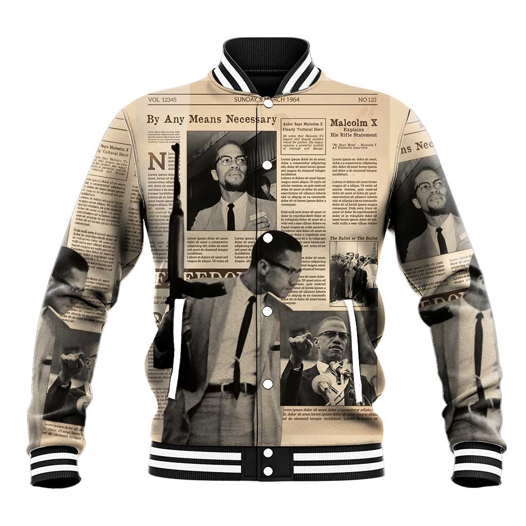 Malcolm X Vintage Newspaper Print Style Baseball Jacket by African Pride