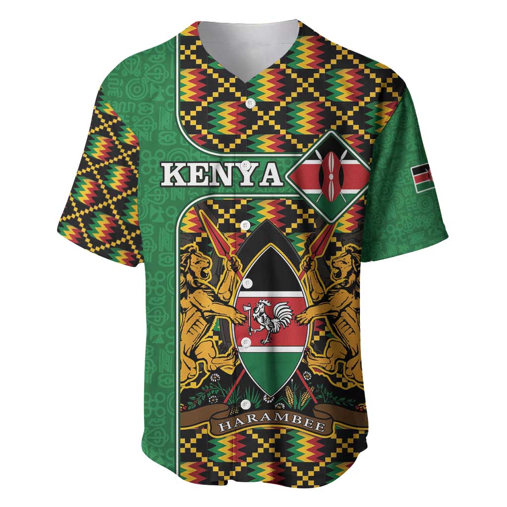 Kenya Baseball Jersey - Kente Pattern, Coat Of Arms Design by AfricanPride