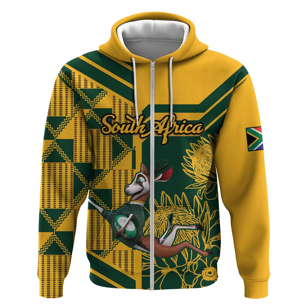 Custom South Africa Rugby Zip Hoodie Springboks With Protea Cynaroides ...