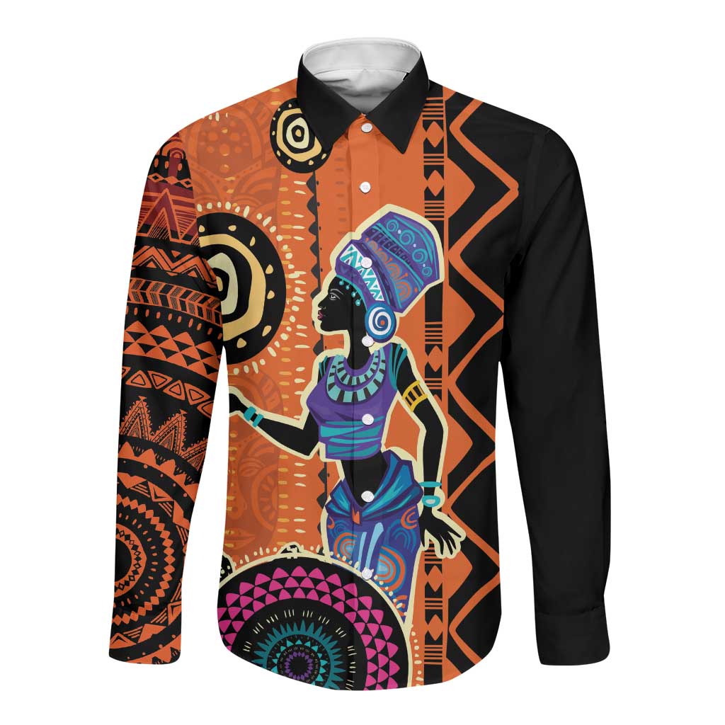 African Woman In Ethnic Dress Long Sleeve Button Shirt Ethnic Geometric ...