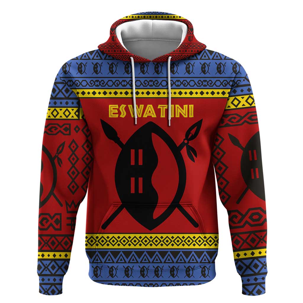 Eswatini Flag Hoodie Nguni Shield Spear Pattern by AfricanPride