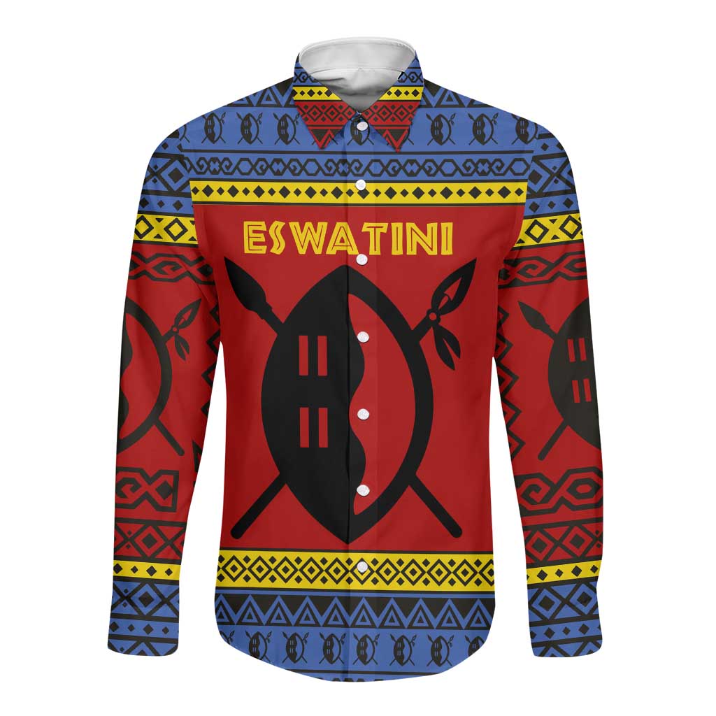 Eswatini Flag Long Sleeve Button Shirt Nguni Shield Spear Pattern by ...