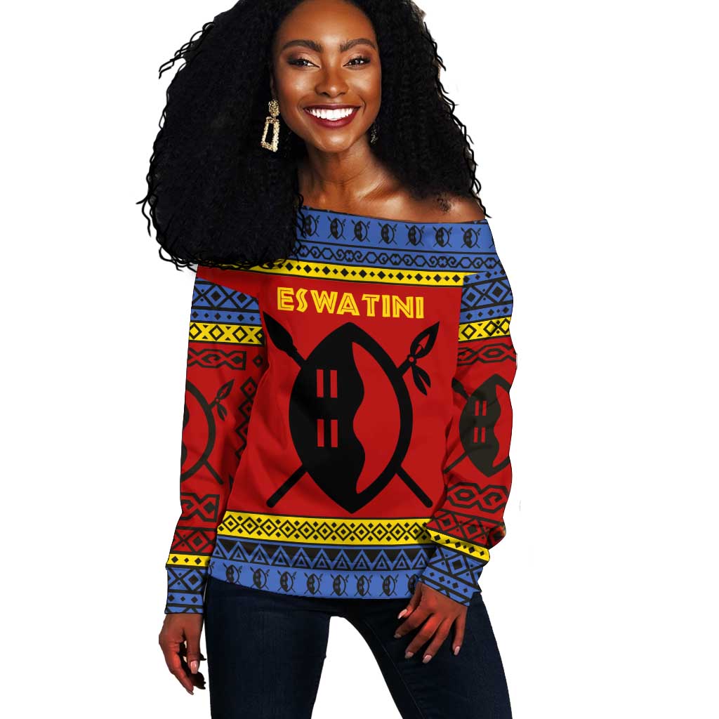 Eswatini Flag Off Shoulder Sweater Nguni Shield Spear Pattern by ...