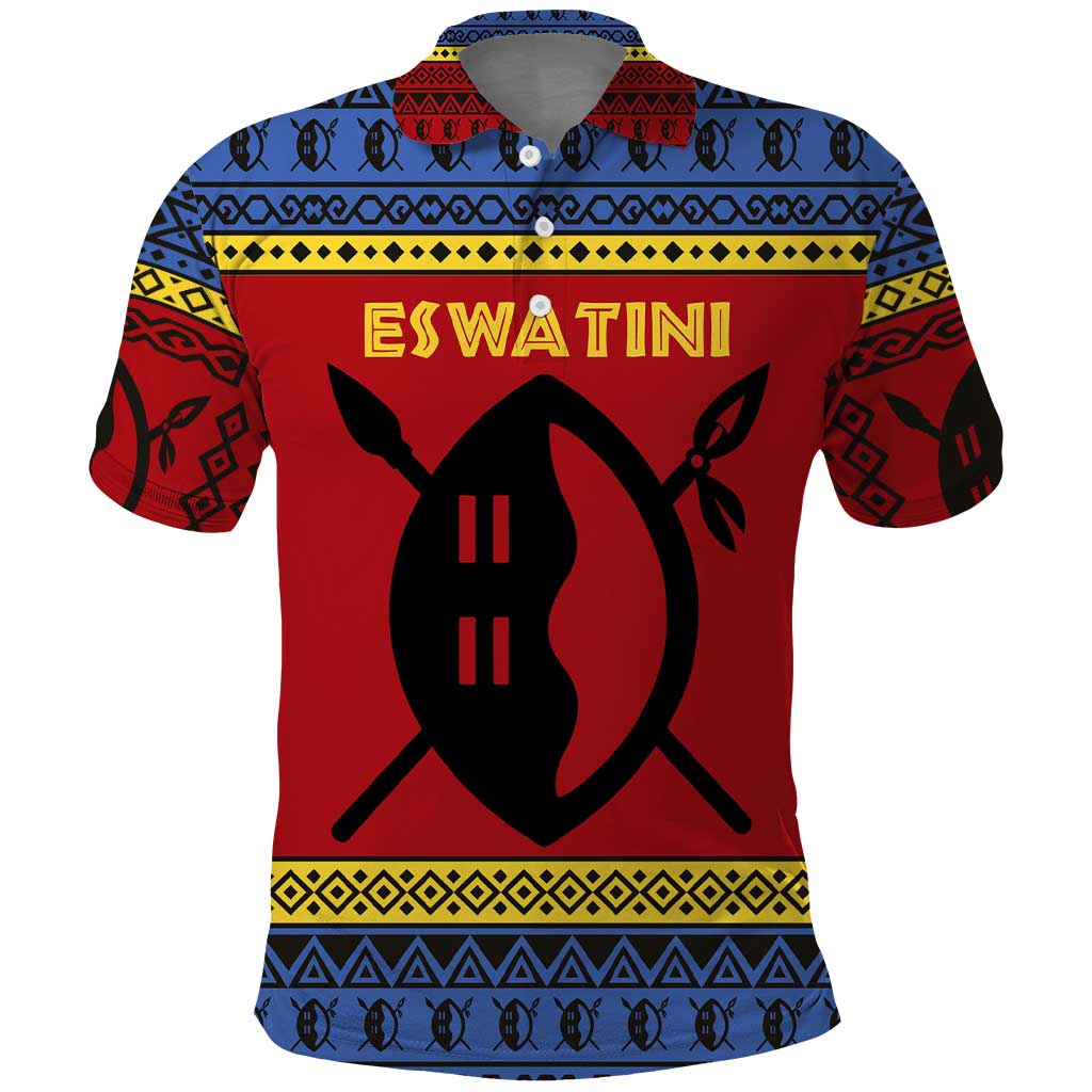 Eswatini Flag Polo Shirt Nguni Shield Spear Pattern by AfricanPride