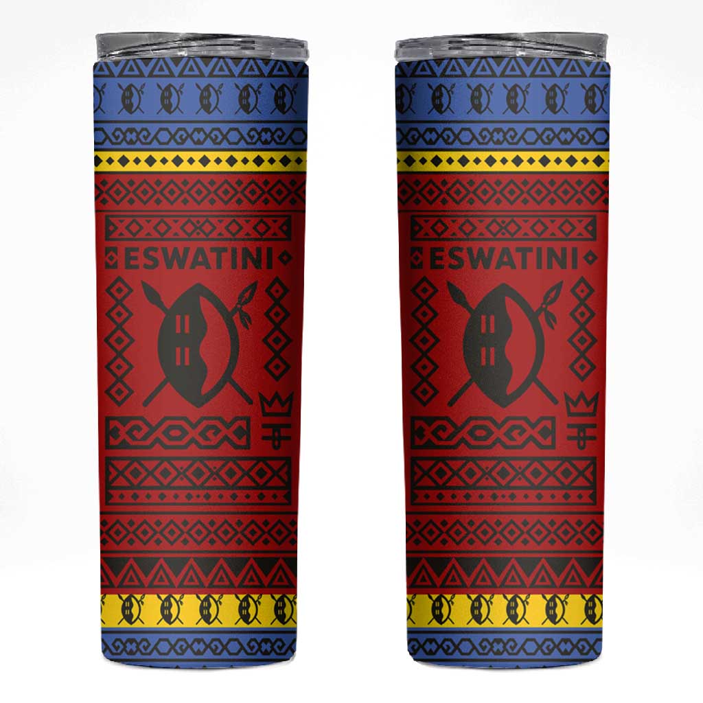 Eswatini Flag Skinny Tumbler Nguni Shield Spear Pattern by AfricanPride