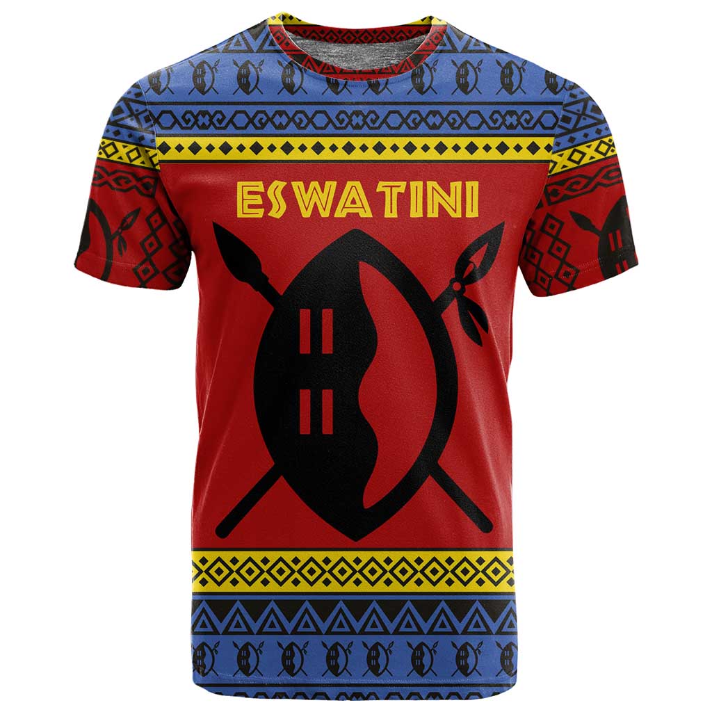 Eswatini Flag T shirt Nguni Shield Spear Pattern by AfricanPride