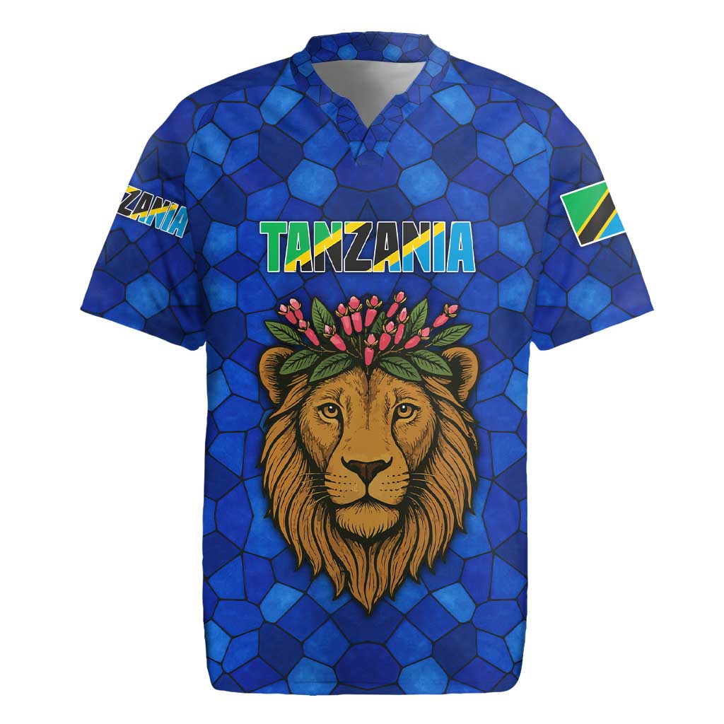 Tanzania Simba Lion Rugby Jersey - Floral Crown and Blue Mosaic Design ...