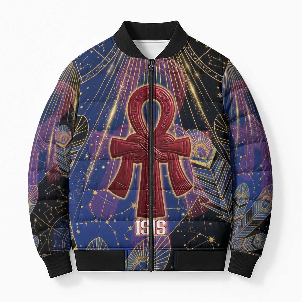 Isis Ankh Symbol Bomber Puffer Jacket with Celestial Wings in Ancient ...