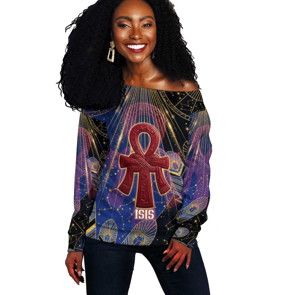 Isis Ankh Symbol Off Shoulder Sweater with Celestial Wings in Ancient ...