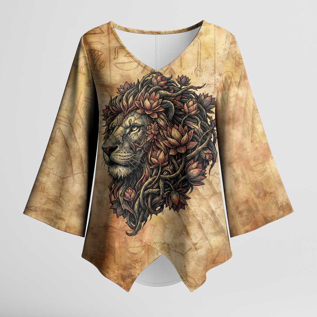 Nefertem Ancient Egyptian Kimono Sleeve Blouse Lion Head Lotus Flowers ...
