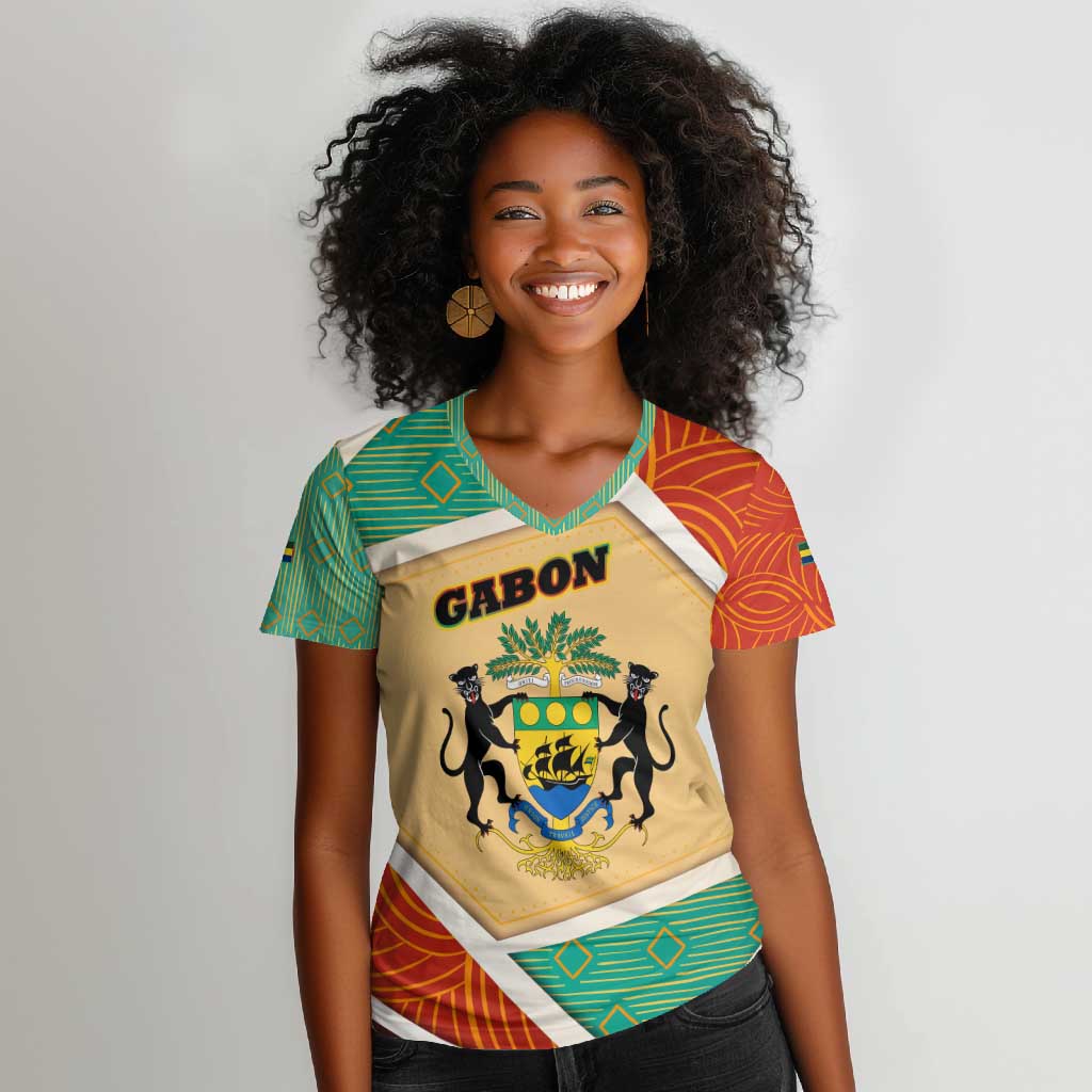 Gabon Women V-Neck T-Shirt - National Coat of Arms and Tribal Pattern ...