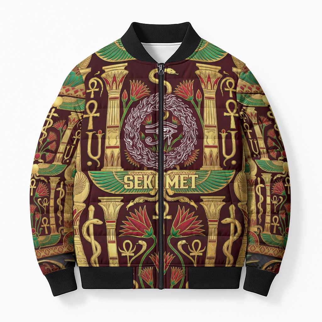 Sekhmet Bomber Puffer Jacket with Eye of Ra and Sacred Lion Symbol in ...