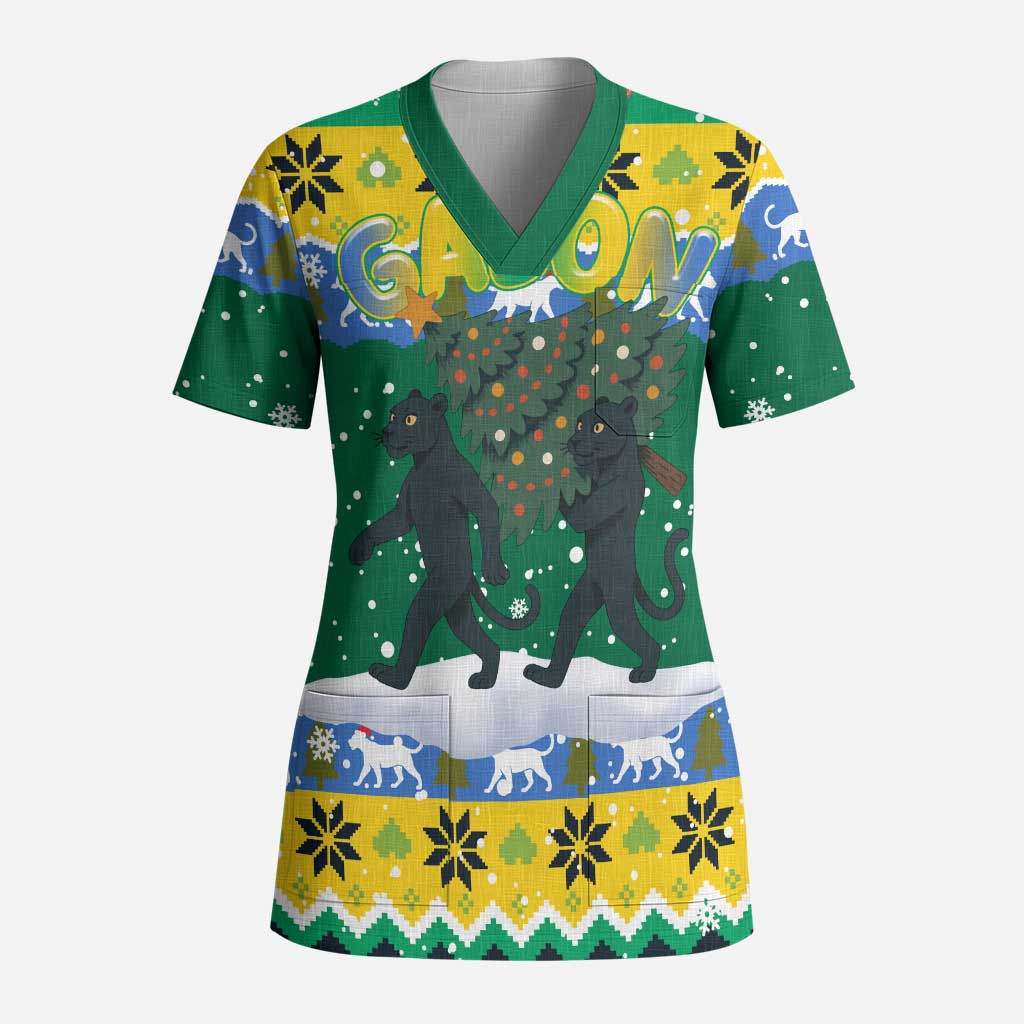 Gabon Christmas Scrub Top Black Panthers Carrying Tree and Snowflake by ...