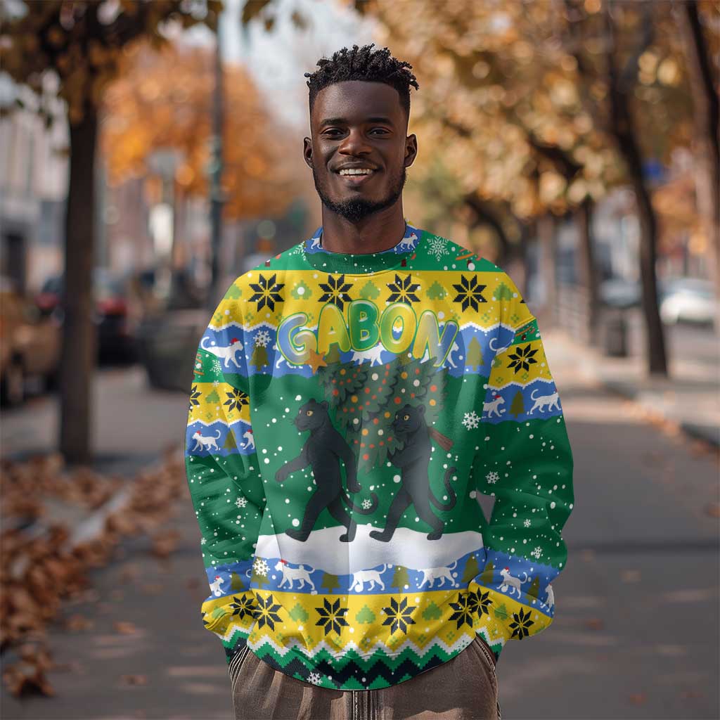 Gabon Christmas Sweatshirt Black Panthers Carrying Tree and Snowflake ...