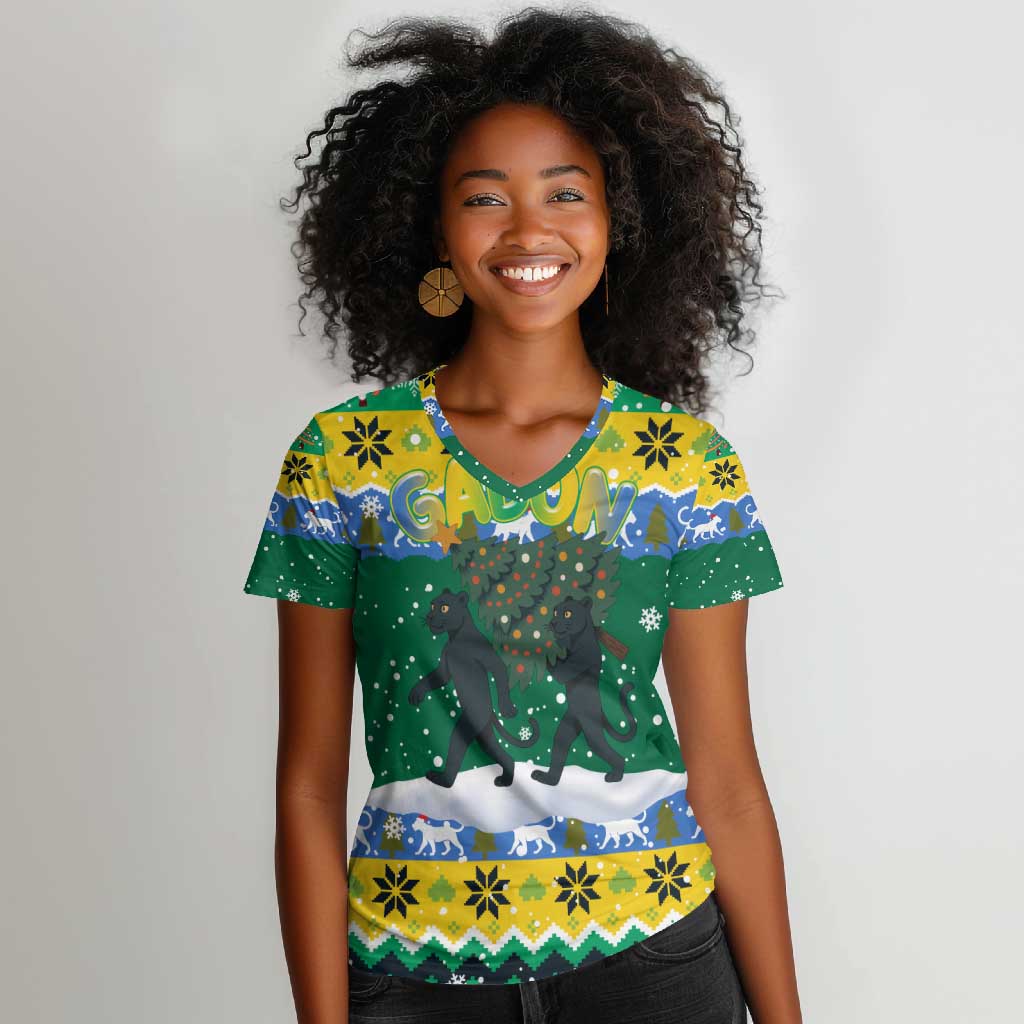 Gabon Christmas Women V-Neck T-Shirt Black Panthers Carrying Tree and ...