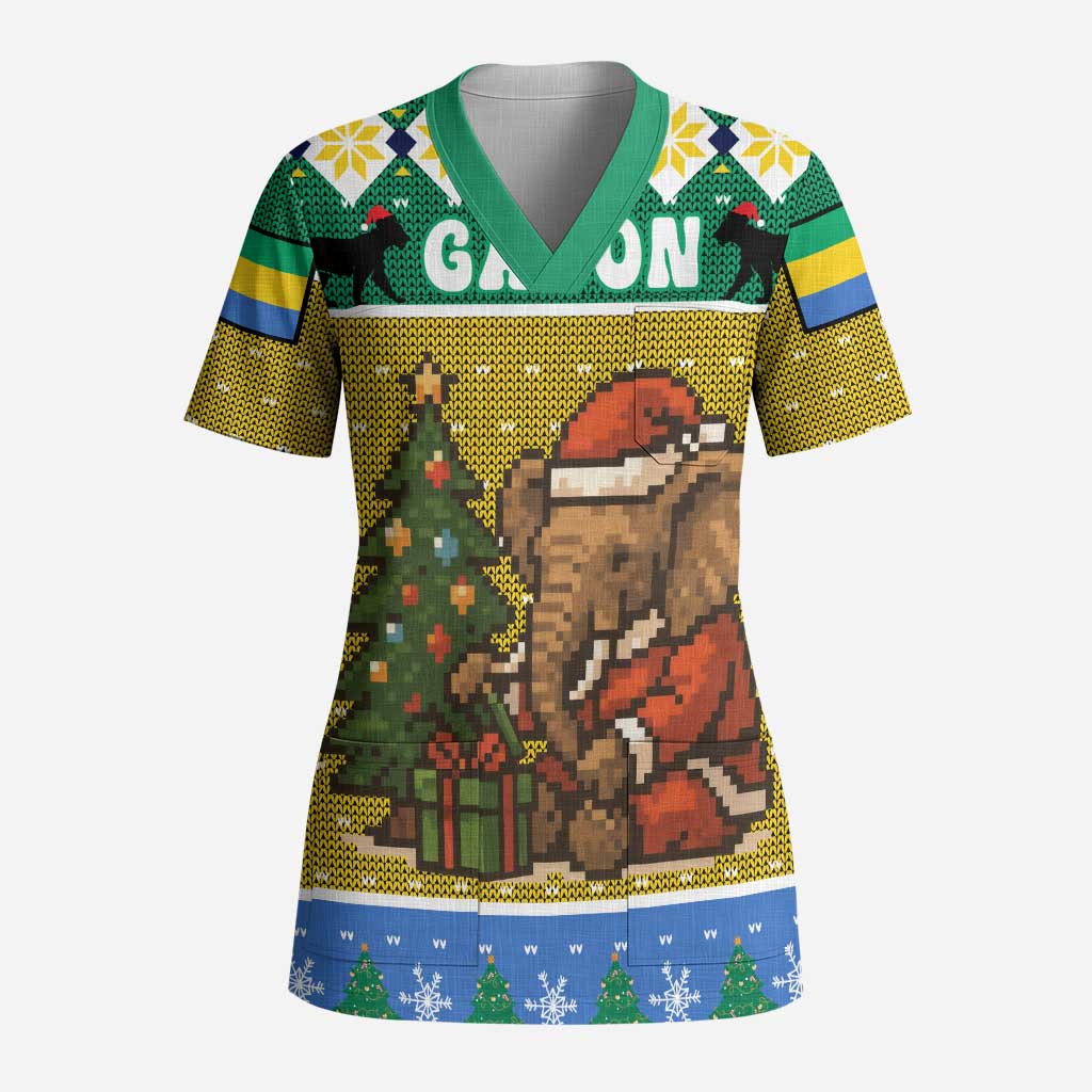 Gabon Christmas Scrub Top Pixel Art Elephant Santa Christmas Tree and ...