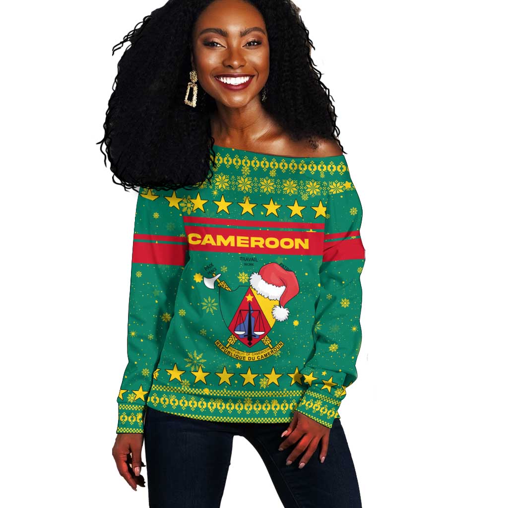Cameroon Christmas Off Shoulder Sweater Coat of Arms Santa Hat and ...