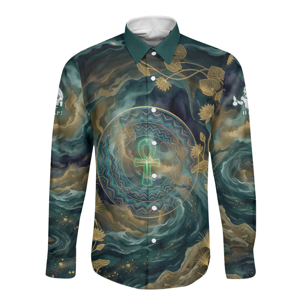 Egyptian Hapi Long Sleeve Button Shirt God of the Nile Ankh Symbol ...
