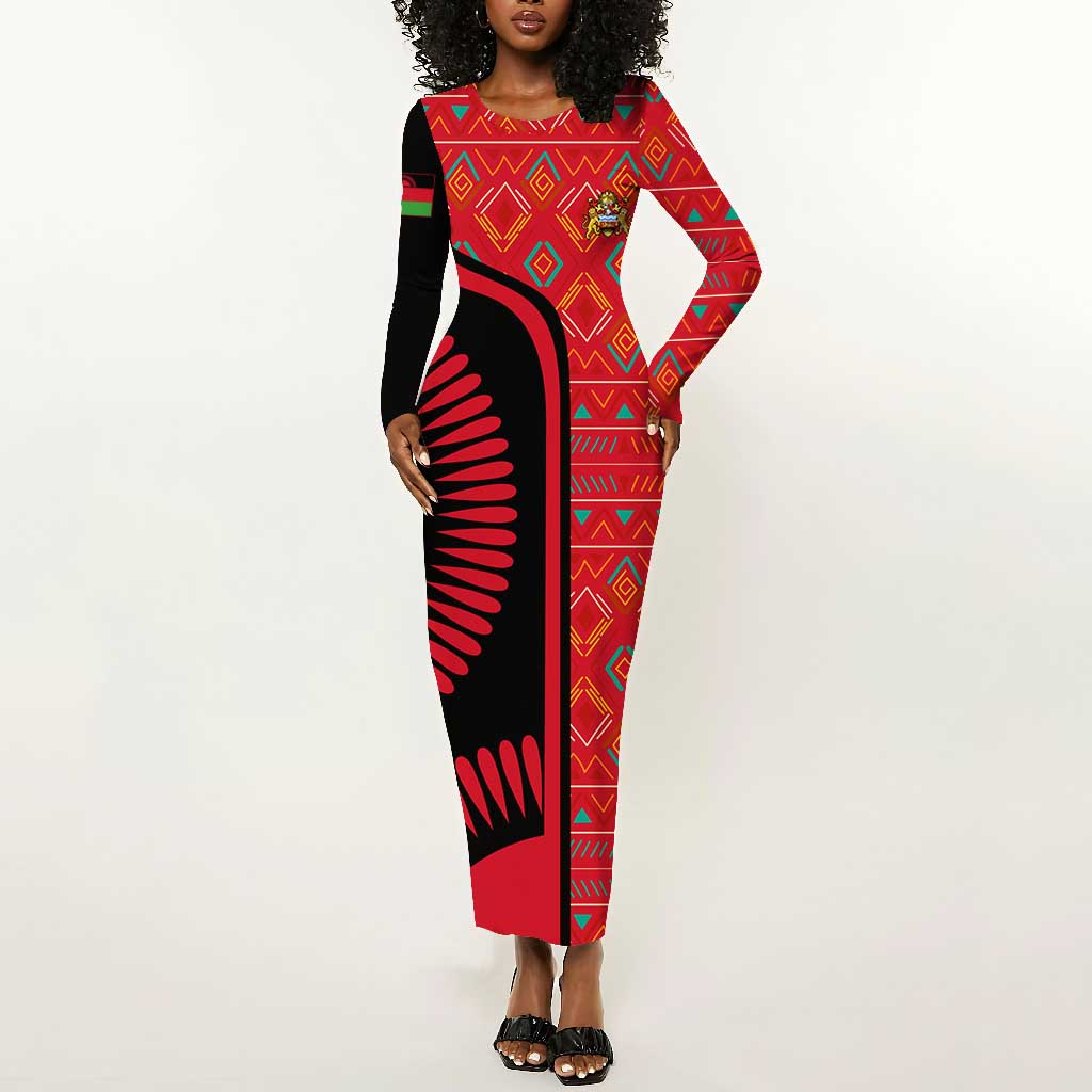 Malawi Patterns African Long Sleeve Bodycon Dress Blended with Flag ...