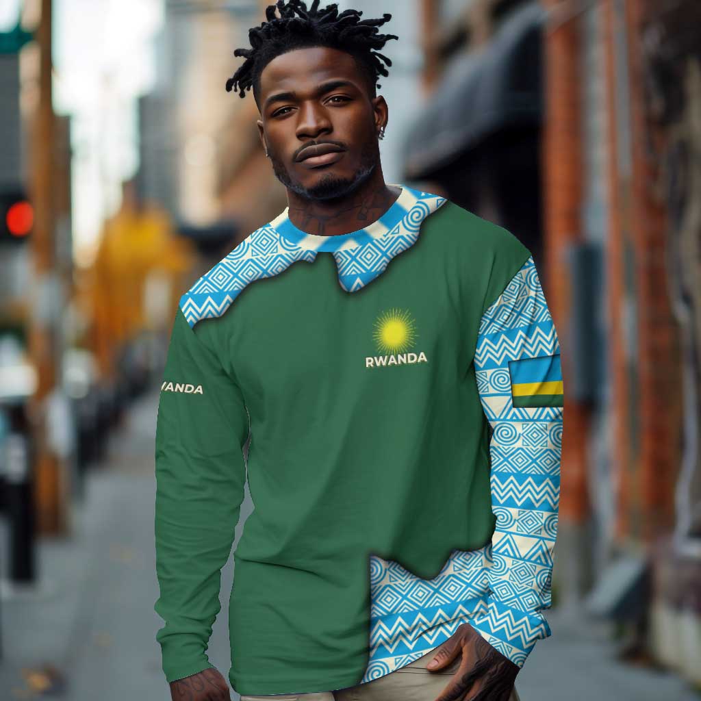 Rwanda Long Sleeve Shirt with Green Nature Map Waterfall Sunburst ...