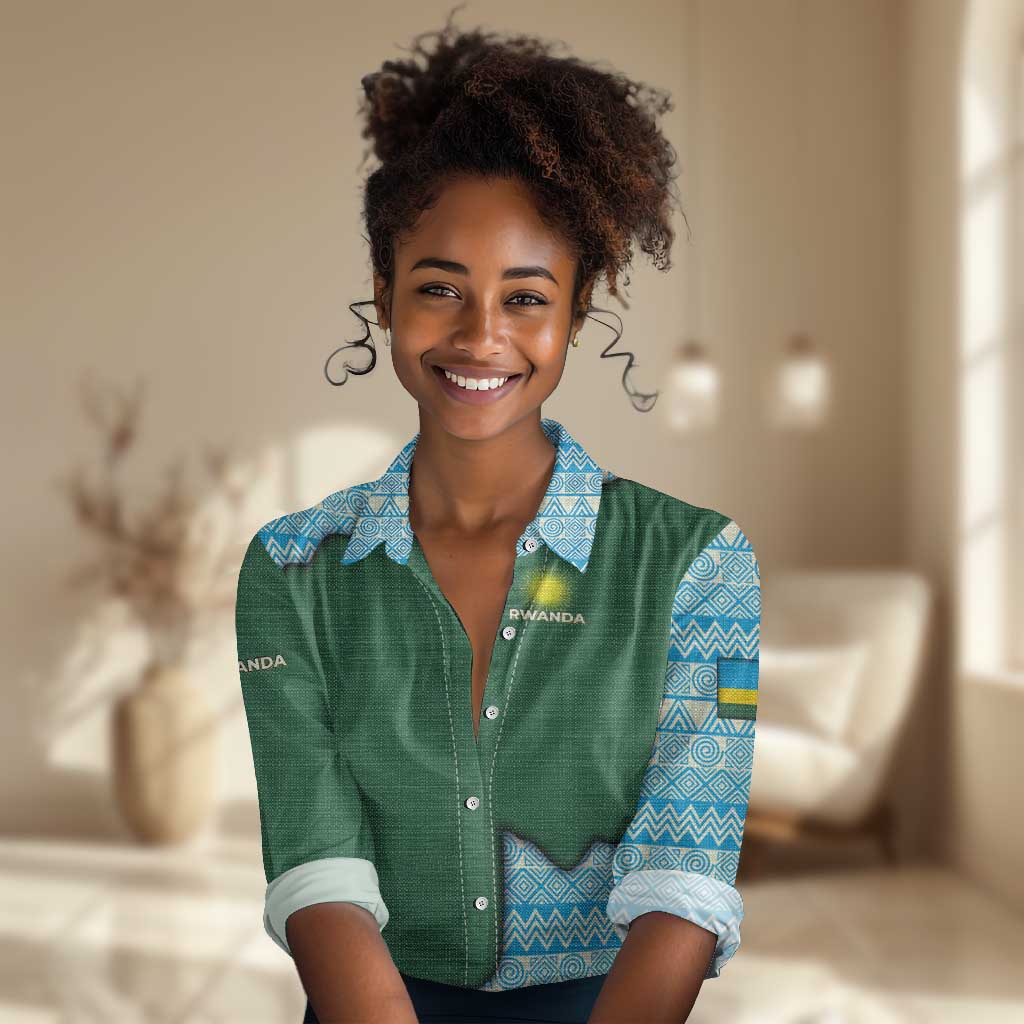 Rwanda Women Casual Shirt with Green Nature Map Waterfall Sunburst ...