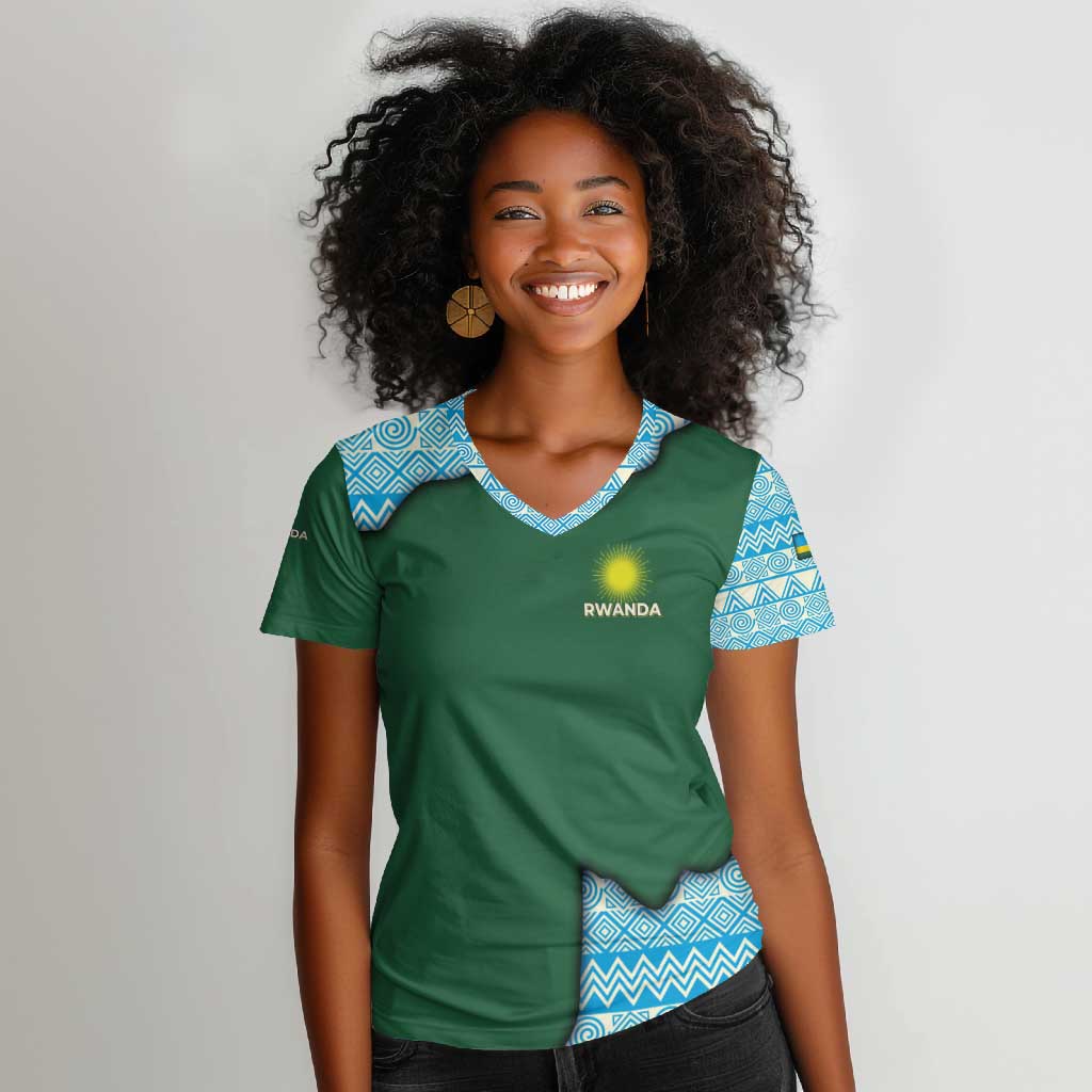 Rwanda Women V-Neck T-Shirt with Green Nature Map Waterfall Sunburst ...
