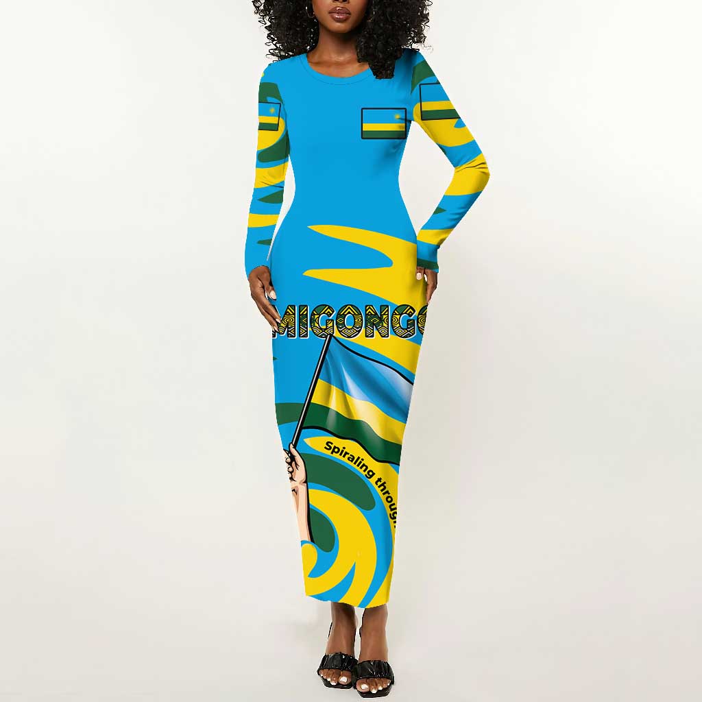 Rwanda Long Sleeve Bodycon Dress with Imigongo Spiraling Flag Hand Wave ...