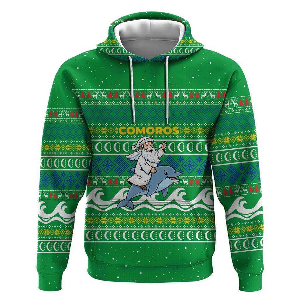 Comoros Christmas Hoodie Santa Riding Dolphin Ocean Waves Crescent Moon ...