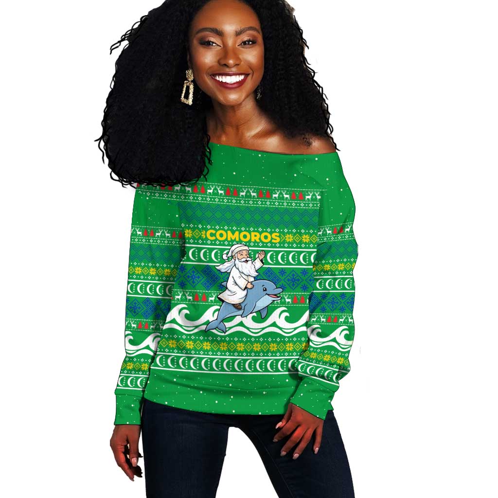 Comoros Christmas Off Shoulder Sweater Santa Riding Dolphin Ocean Waves ...