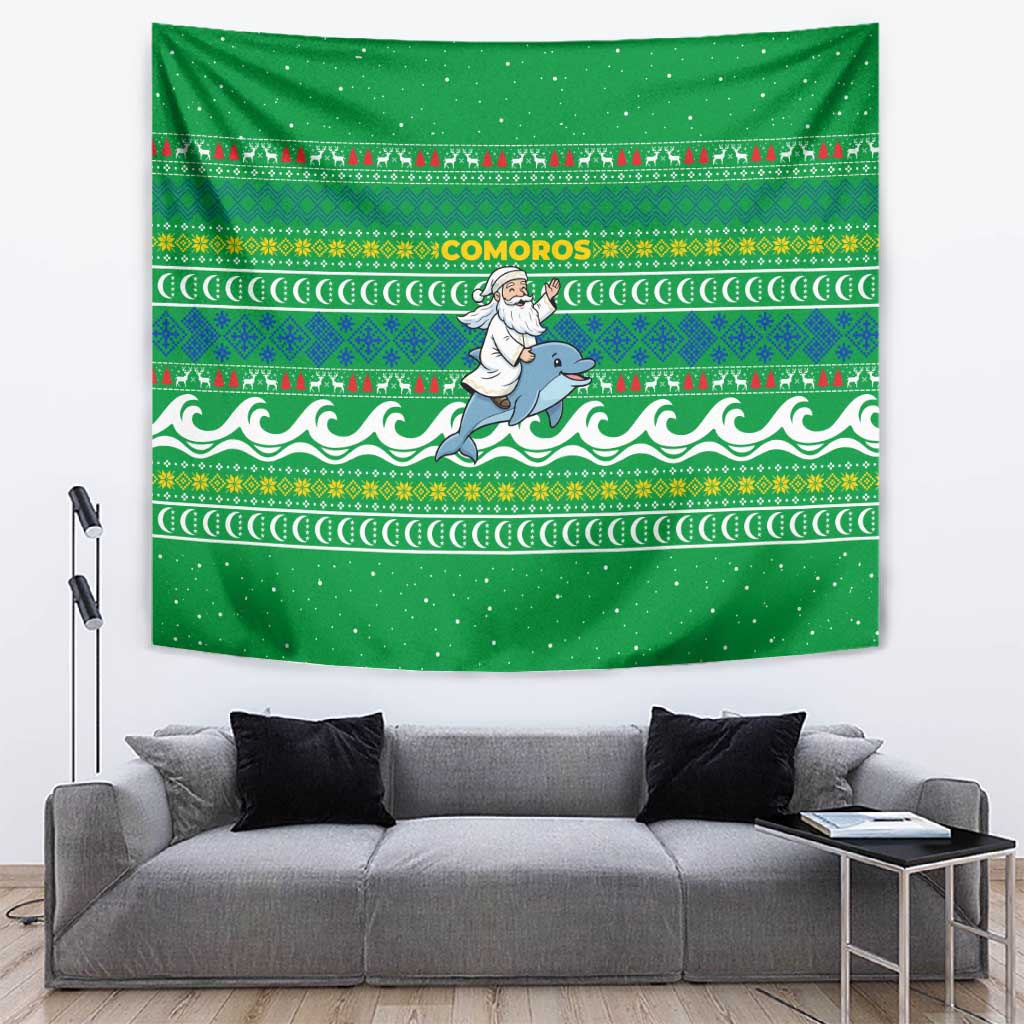 Comoros Christmas Tapestry Santa Riding Dolphin Ocean Waves Crescent ...