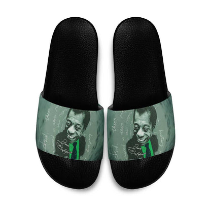 James Baldwin Slide Sandals Green Handwritten Script Design Smiling ...