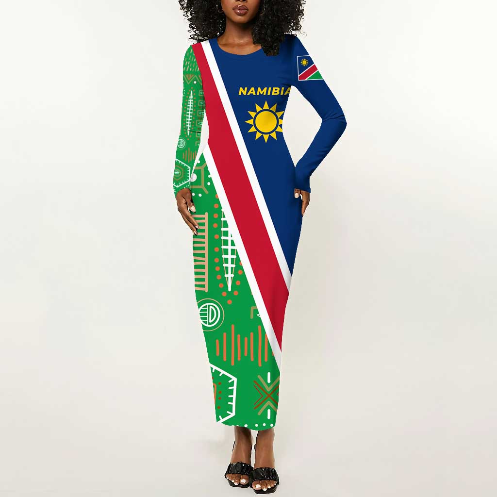 Namibia Gemsbok Long Sleeve Bodycon Dress Flag Design with African ...